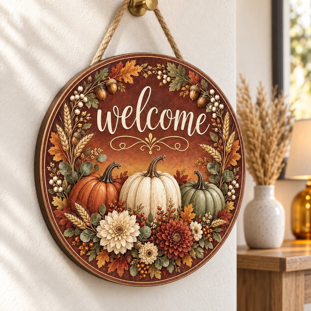 Welcome Sign Botanical Pumpkin Floral Wooden Front Door Hanger for Fall ...