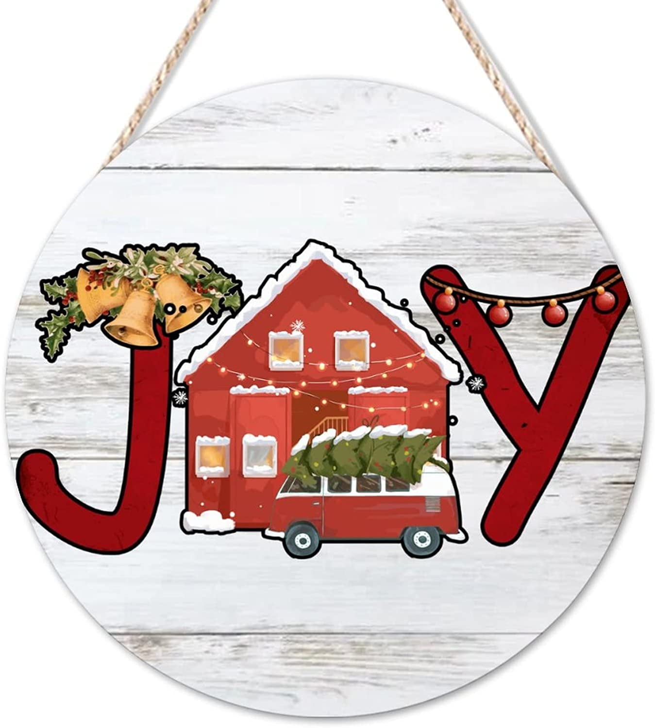 Welcome Sign Christmas Buffalo Plaid Joy Round Wood Signs Farm Barn Red ...