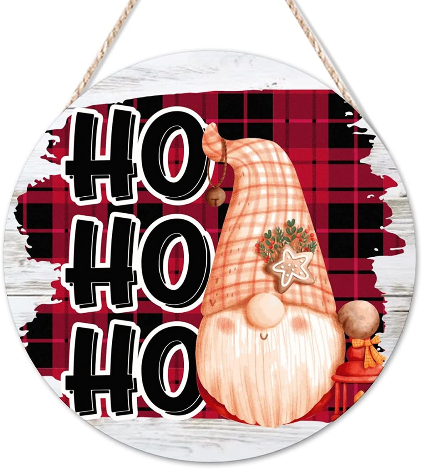 Welcome Sign Christmas Ho Ho Ho Round Wood Sign Rustic Buffalo Plaid ...
