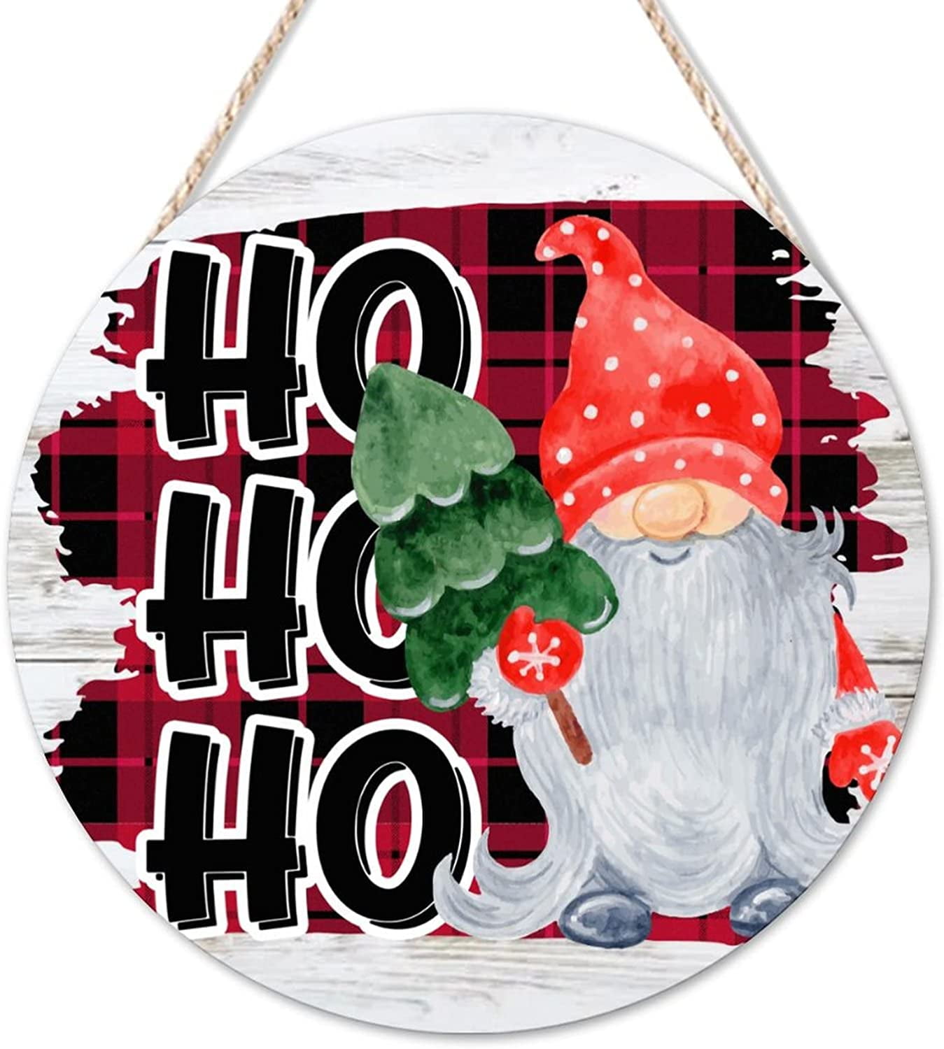 Welcome Sign Christmas Ho Ho Ho Round Wooden Sign Buffalo Plaid Gnome ...