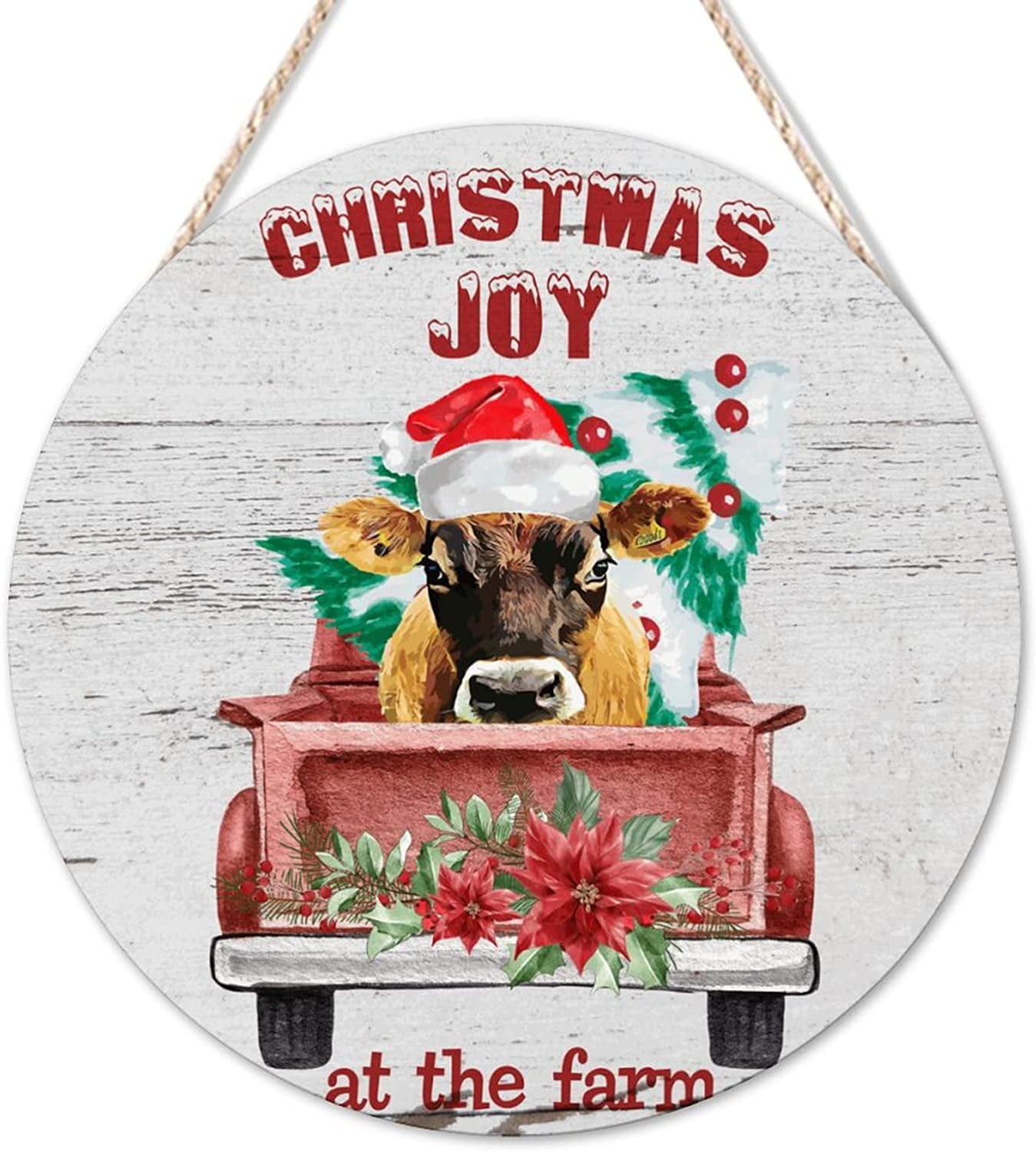 Welcome Sign Christmas Joy at The Farm Round Wood Sign Red Truck Flower Cow Hanging Wood Sign ...