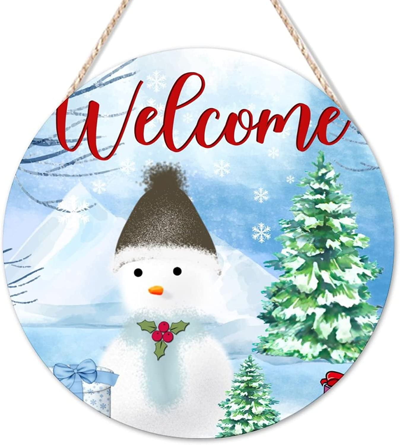Welcome Sign Christmas Welcome Winter Snowman Tree Round Wooden Signs ...