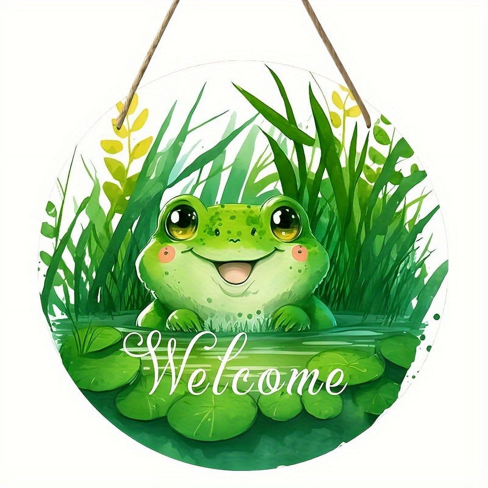 Welcome Sign Cute Frog Decor Animal Round Decoration, Wooden Signs Wall ...