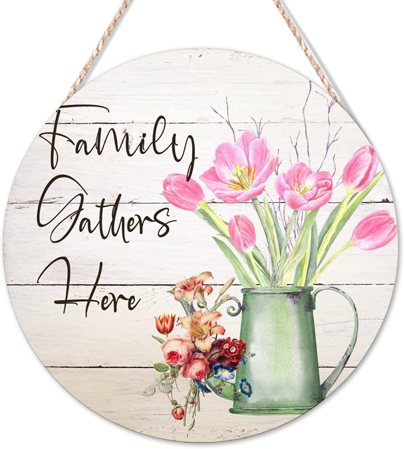 Welcome Sign Family Gathers Here Round Wood Signs Spring Tulip Flower ...