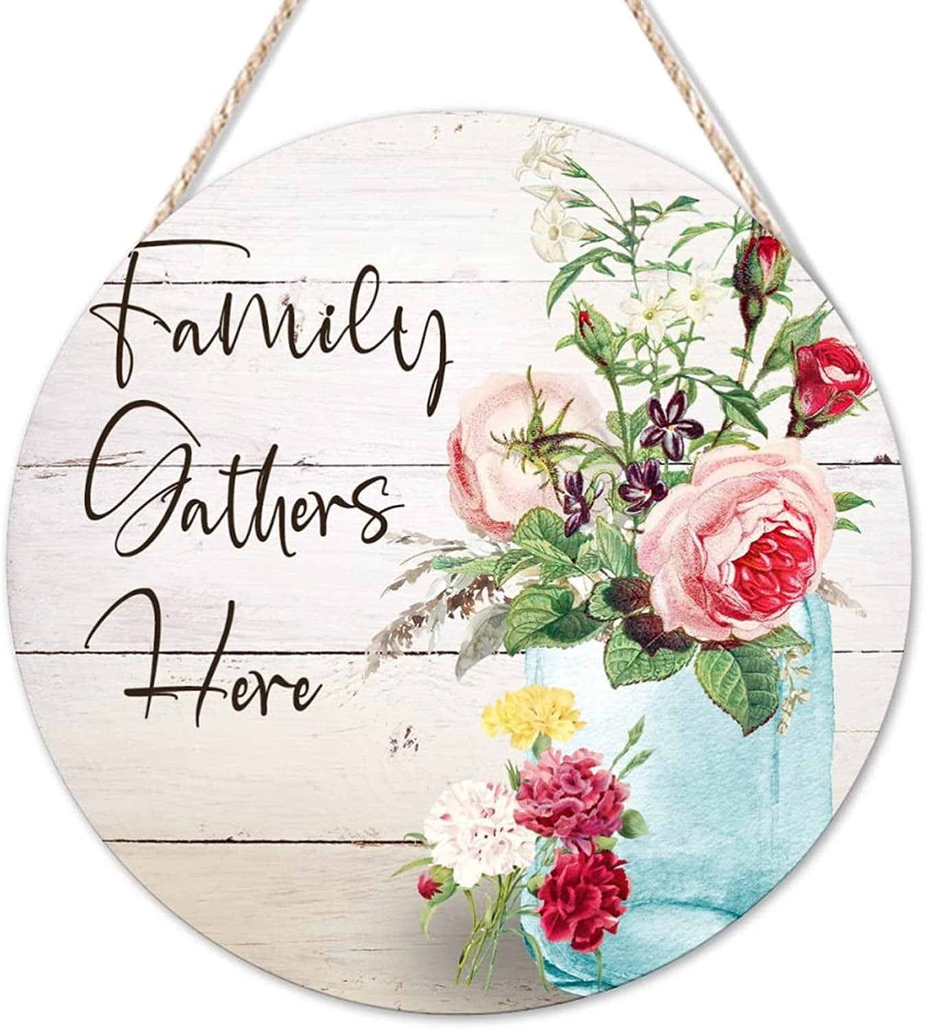 Welcome Sign Family Gathers Here Round Wooden Signs Spring Rose Flower ...