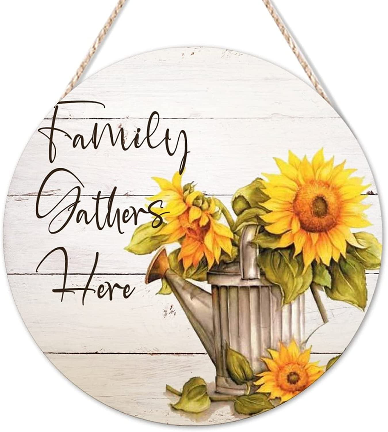Welcome Sign Family Gathers Here Round Wooden Signs Spring Sunflower ...