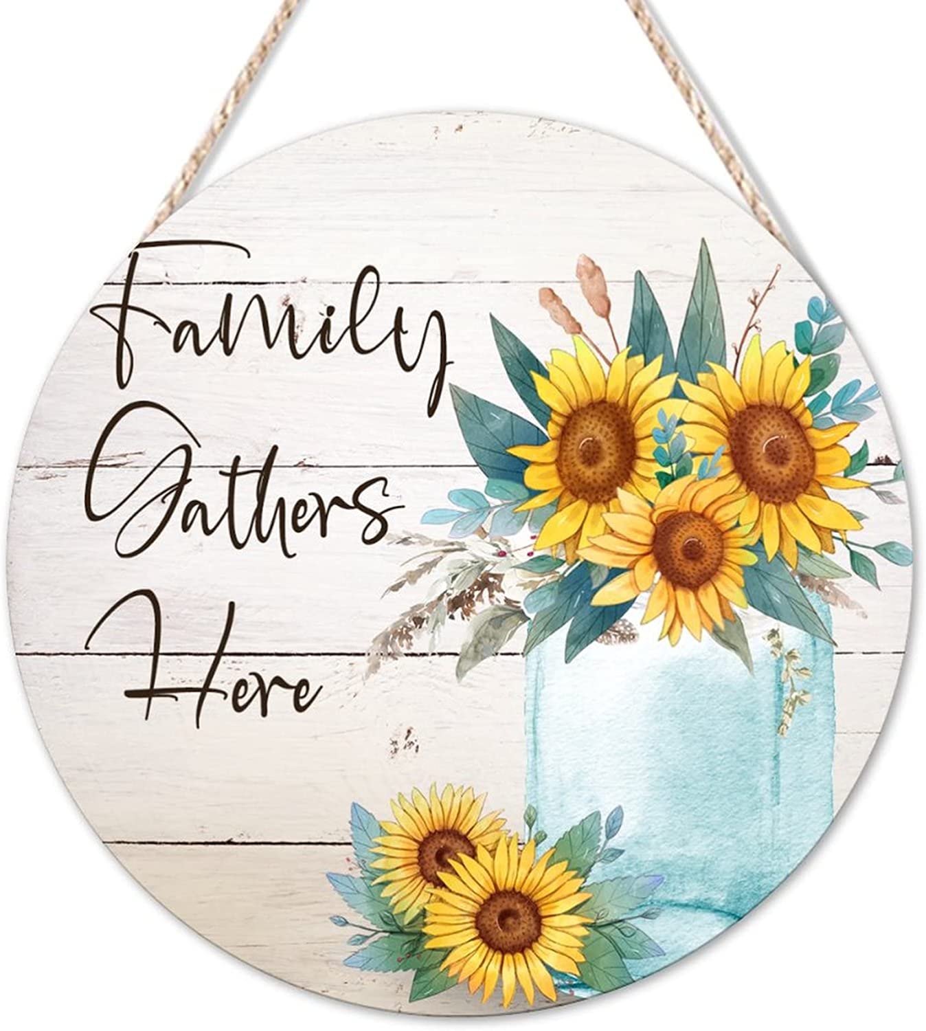 Welcome Sign Family Gathers Here Round Wooden Sign Spring Sunflower ...