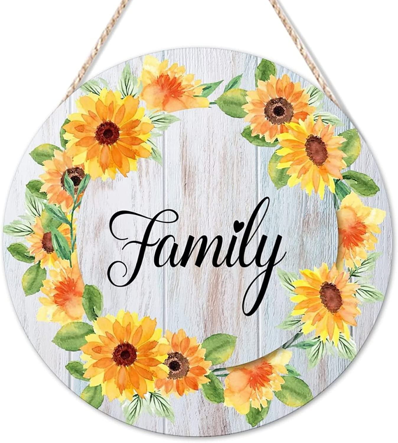 Welcome Sign Family Round Wooden Signs Spring Sunflower Flower Wreath ...