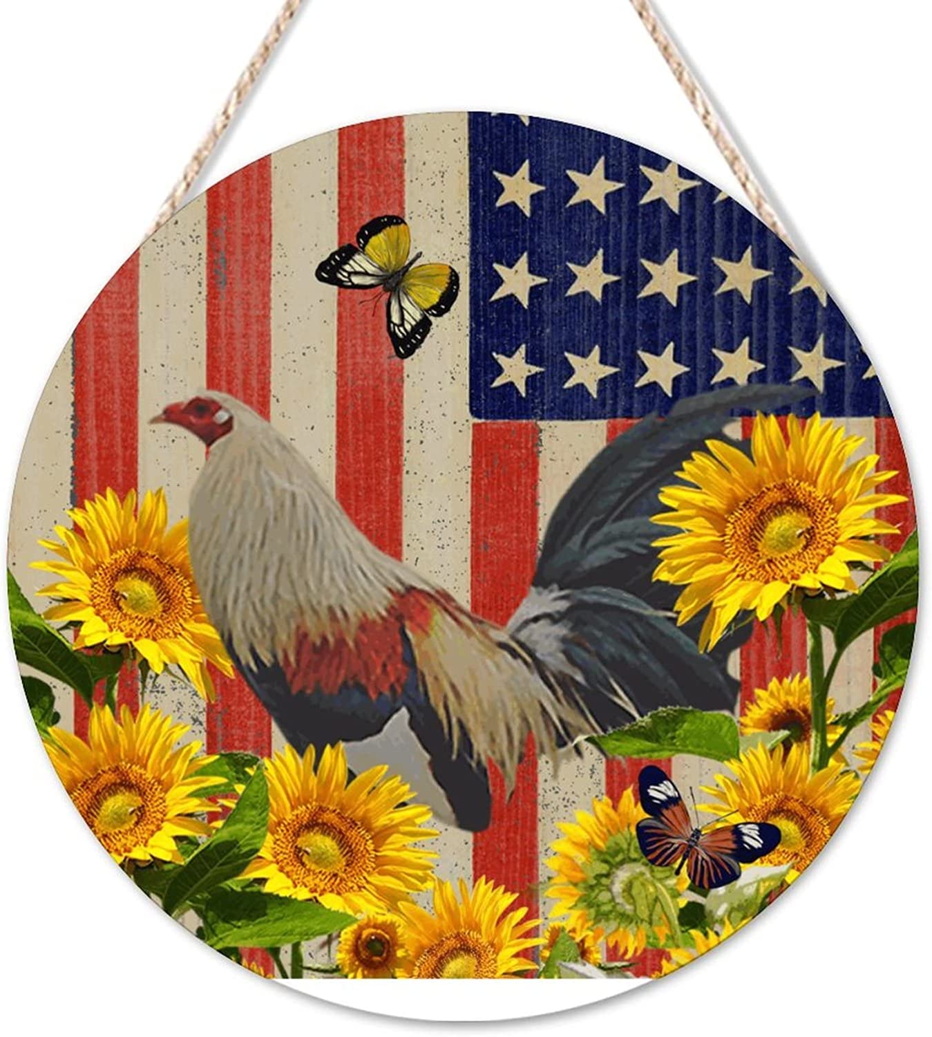 Welcome Sign Farm Rooster USA Flag Sunflower Round Wood Sign Farmhouse ...
