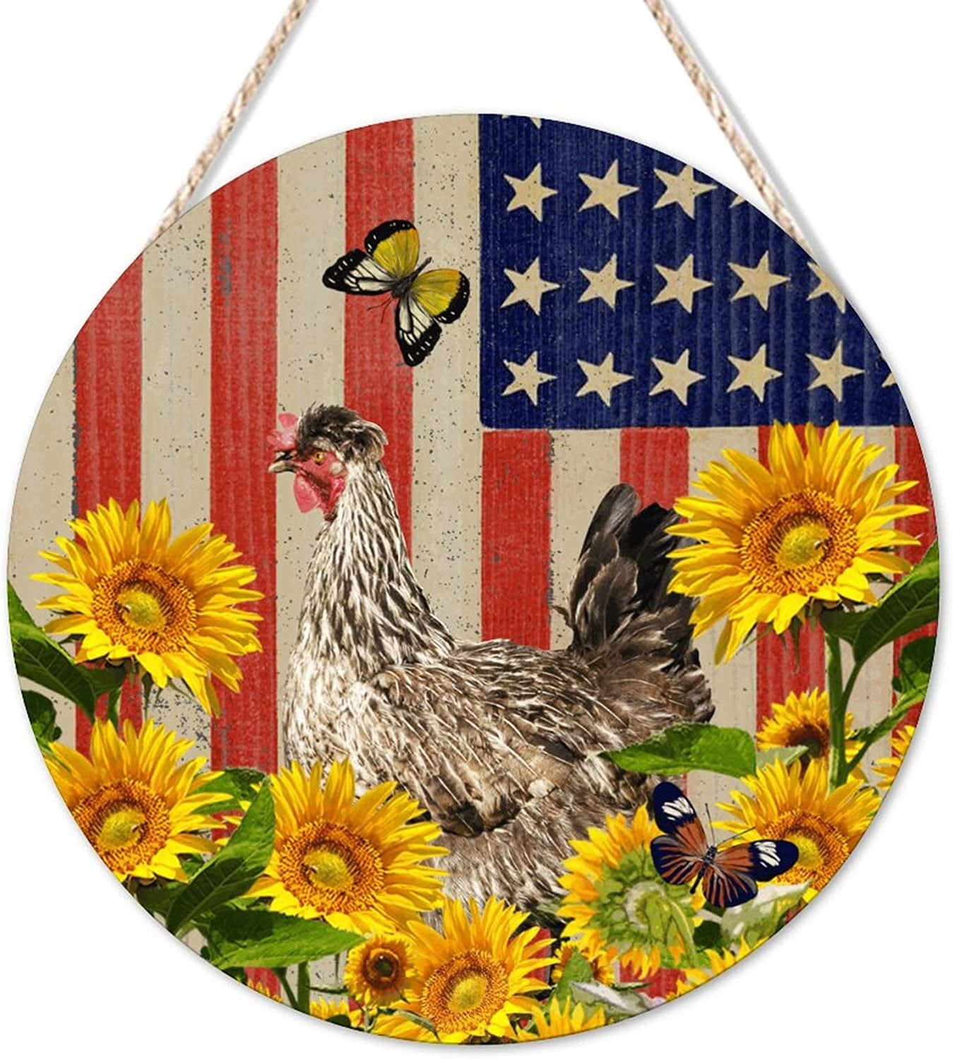 Welcome Sign Farm Rooster USA Flag Sunflower Round Wood Signs Classic ...