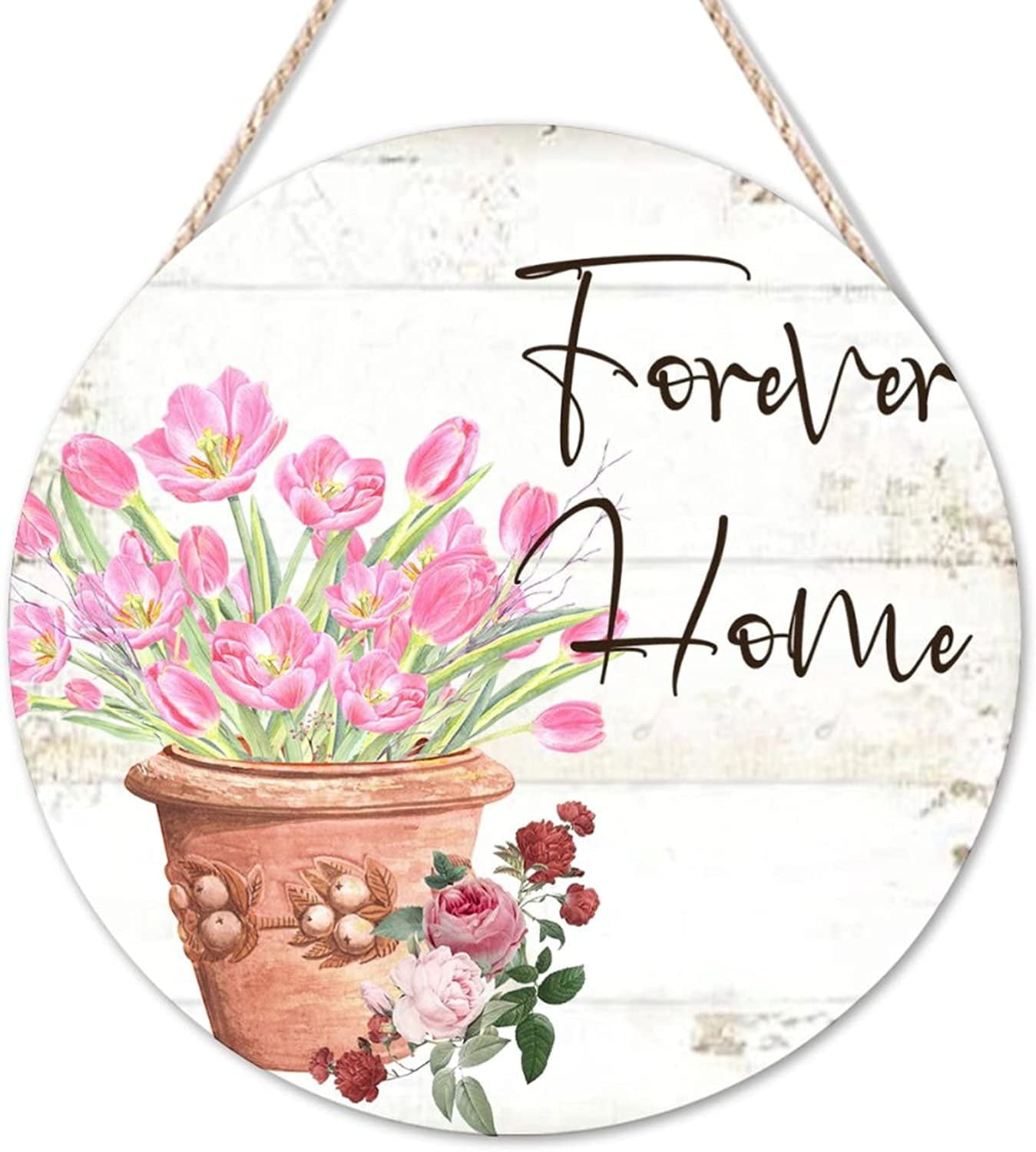 Welcome Sign Forever Home Round Wood Signs Spring Tulip Flower in Vase ...