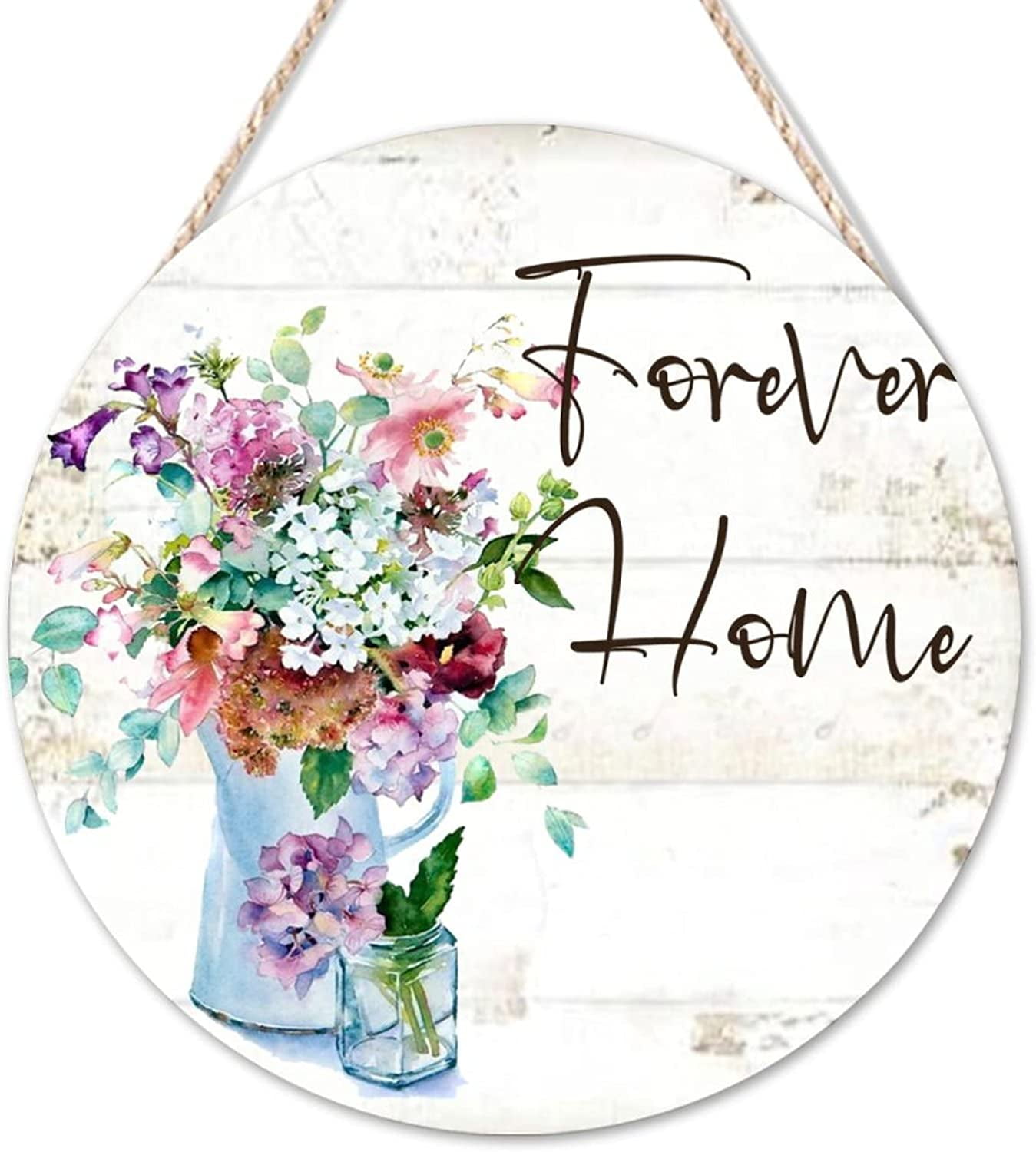 Welcome Sign Forever Home Round Wooden Signs Spring Dahlia Flower in ...