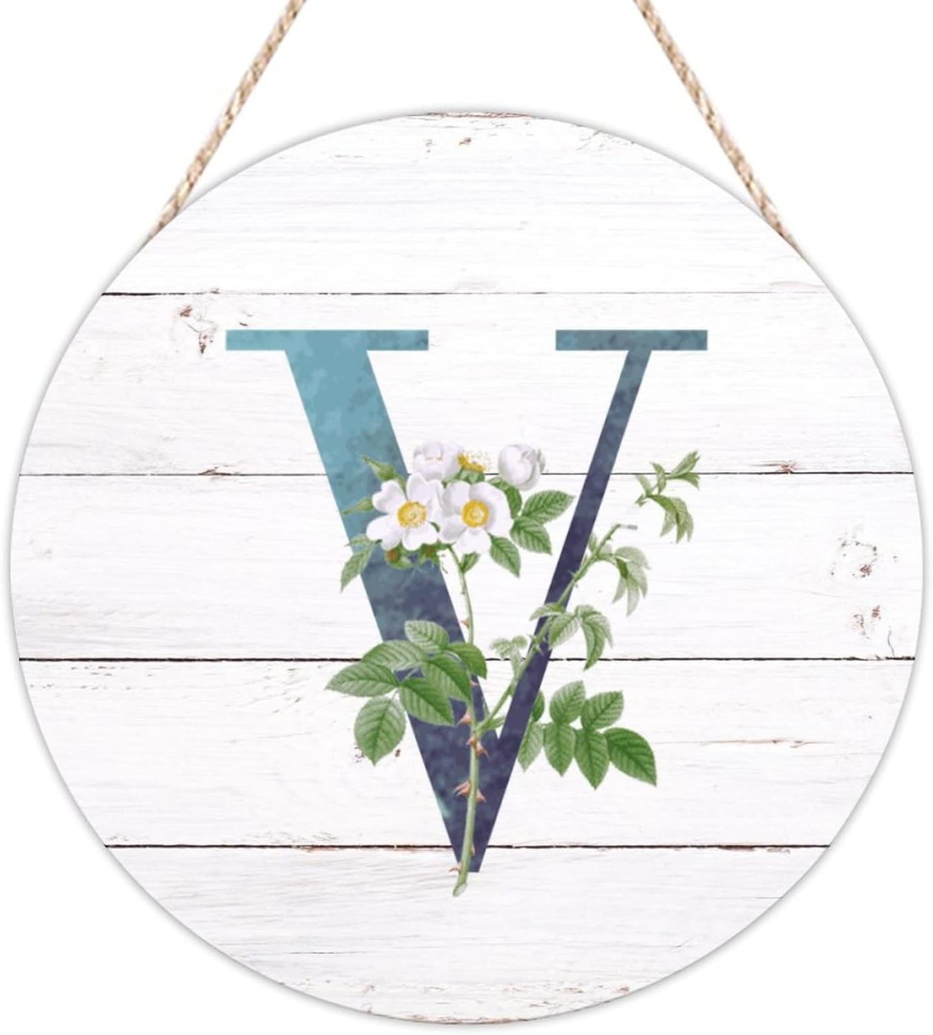 Welcome Sign Front Decor Monogram Initial V Blue Round Wood Sign ...