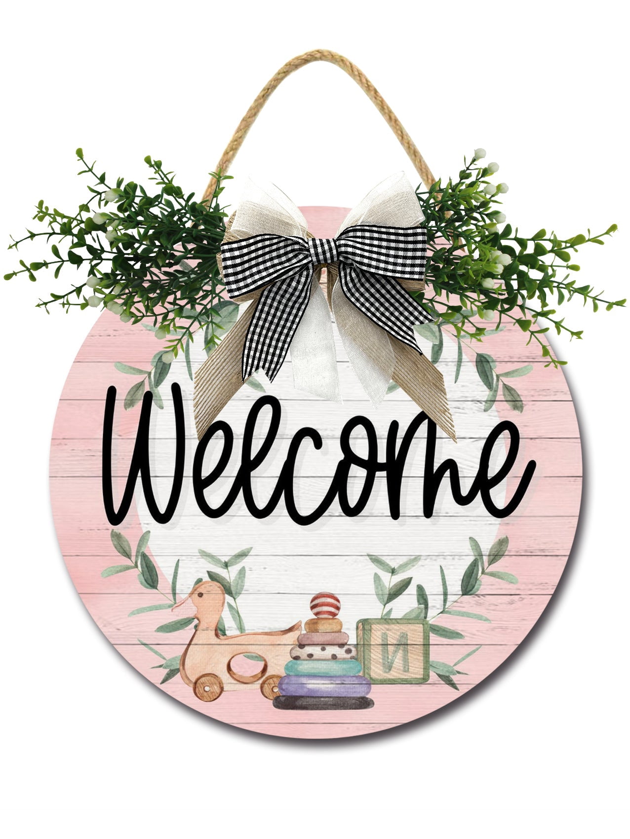 Welcome Sign Front for Door Decoration, 11 in Round Wood Wreaths Wall ...