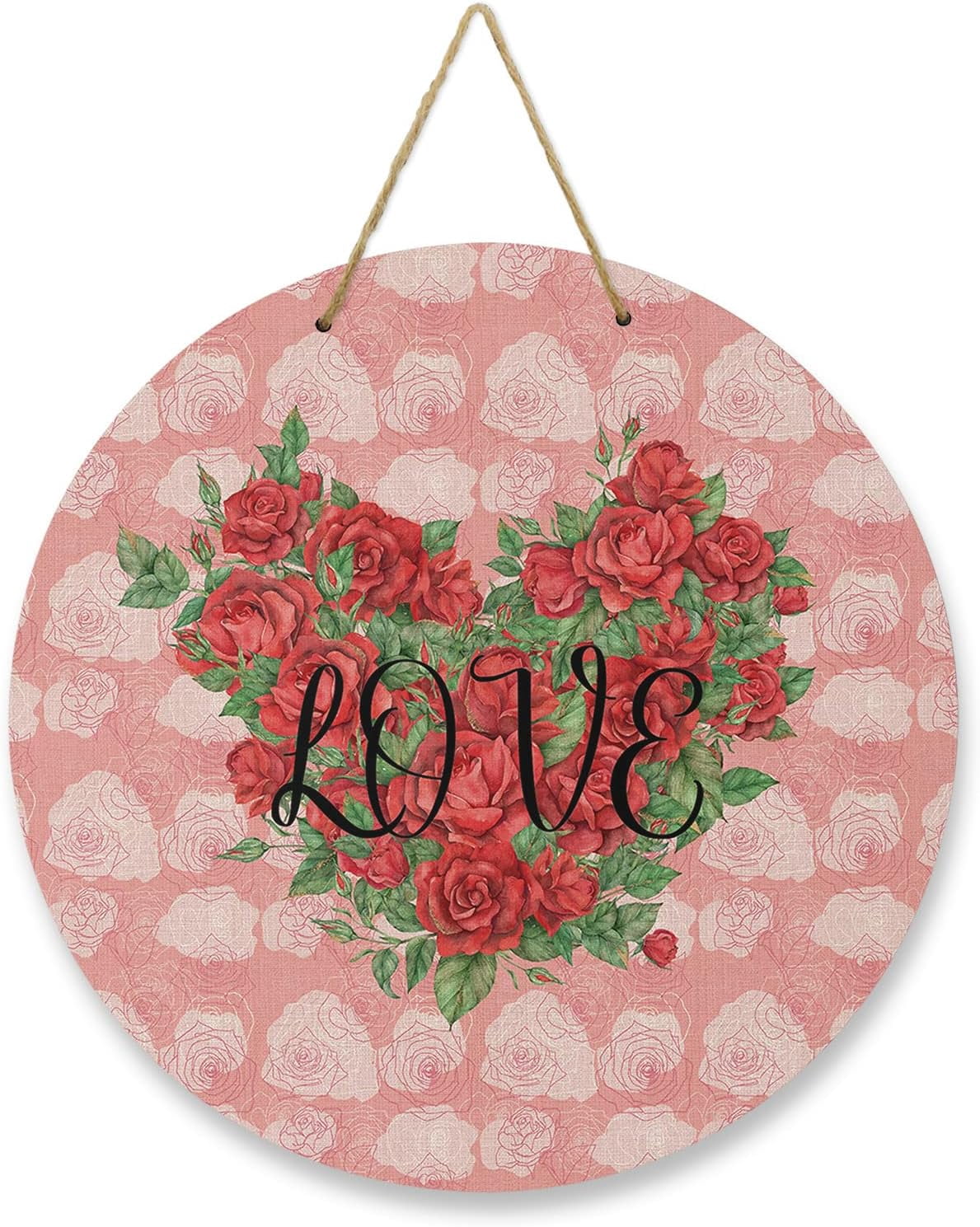 Welcome Sign Front Door Decoration Red Rose Valentine's Day Flowers Love Heart Door Sign Round ...