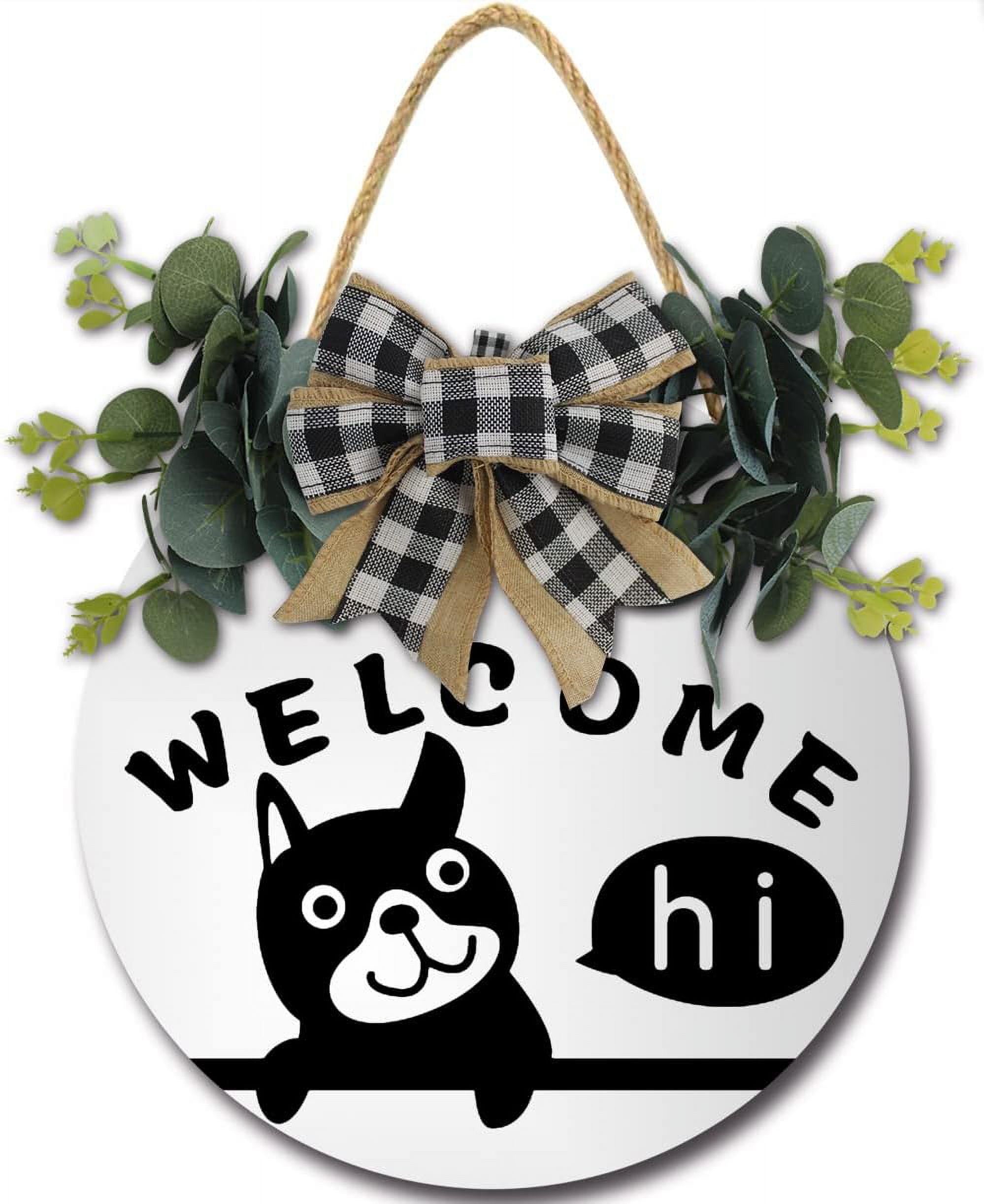 Welcome Sign for Front Door, Hello Sign with Greenery Decor Round Wood ...