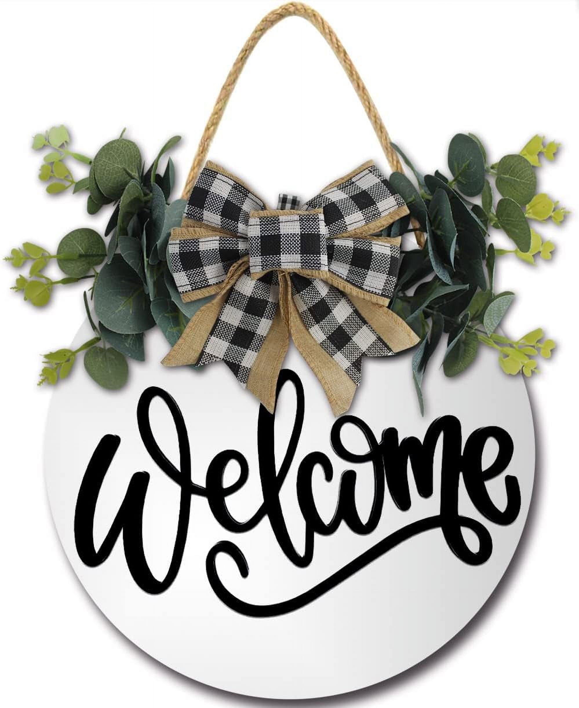 Welcome Sign for Front Door, Hello Sign with Greenery Decor Round Wood ...