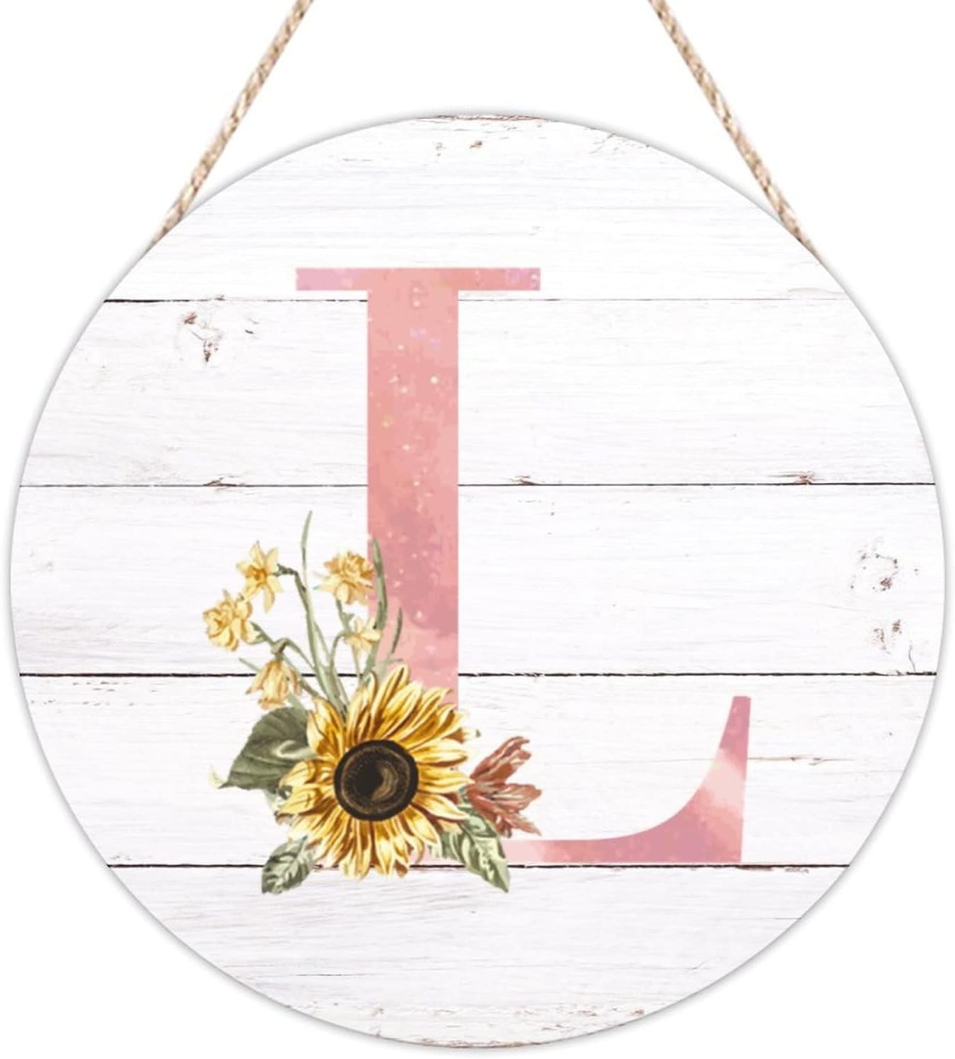 Welcome Sign Front for Door Initial Letter L Pink Round Wood Sign ...