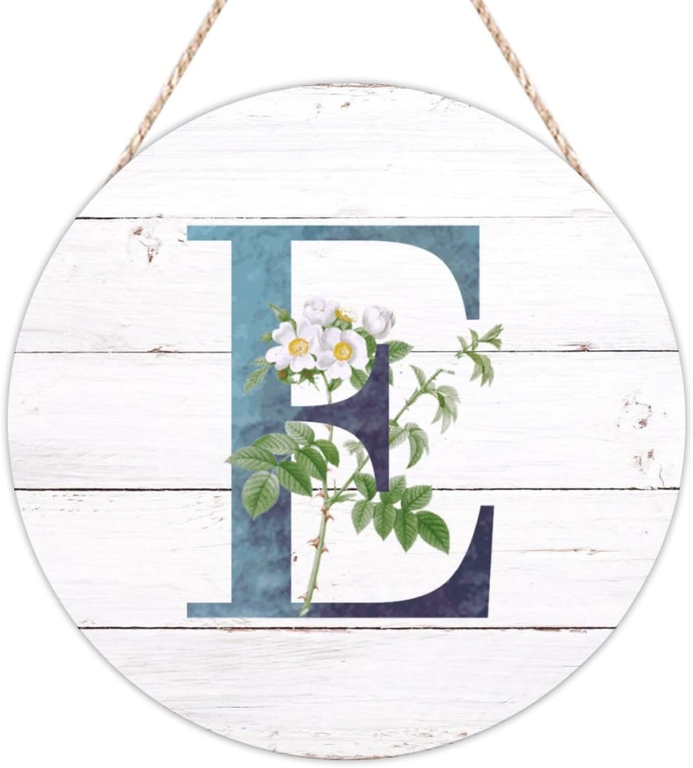 Welcome Sign Front for Door Monogram Initial E Blue Round Wood Sign ...