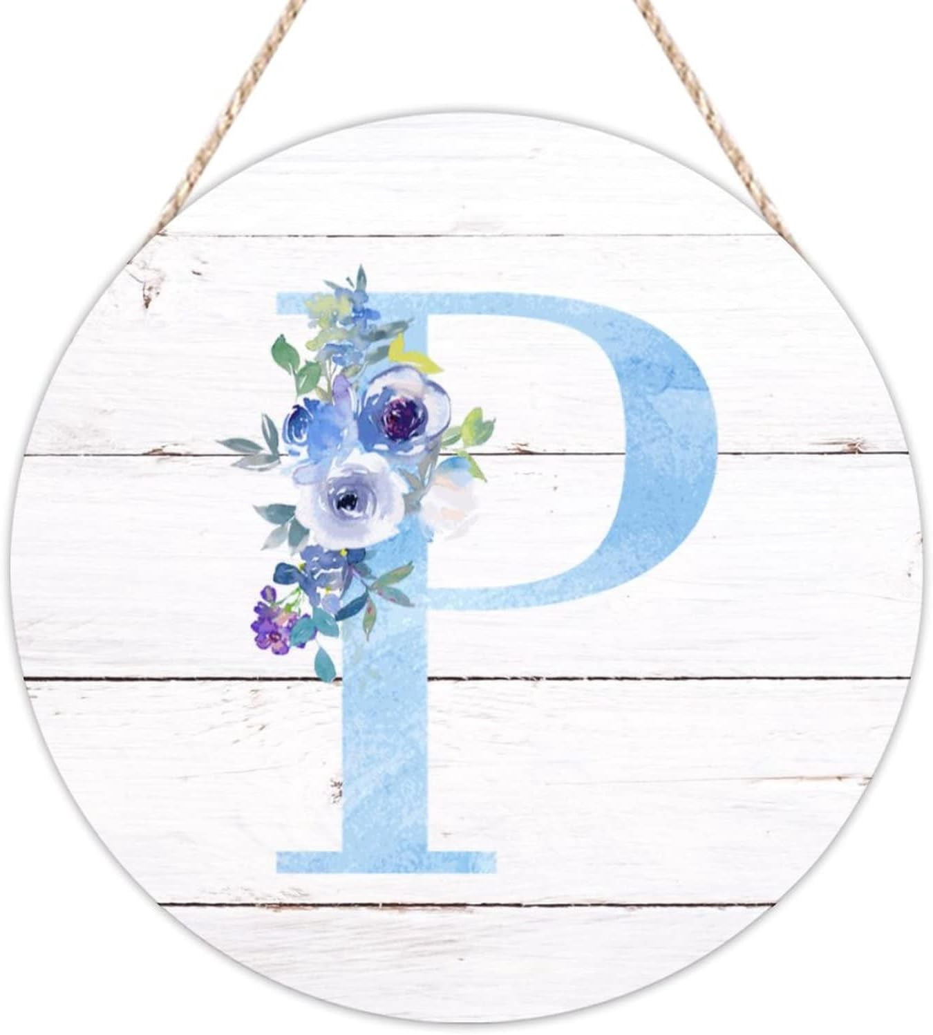 Welcome Sign Front Door Monogram Initial P Round Alphabet Blue Floral ...