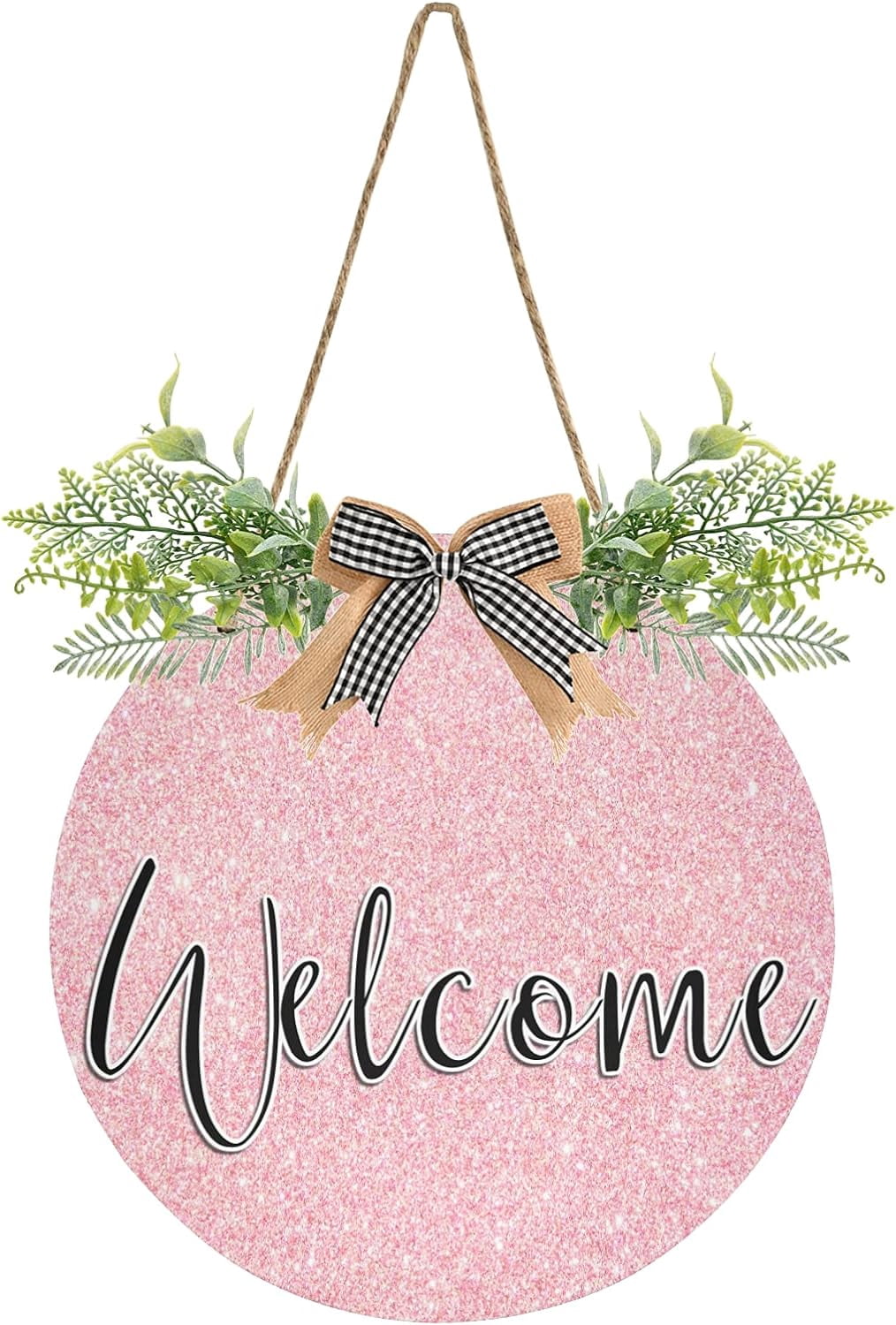 Welcome Sign for Front Door,Pink Glitter Texture Round Wood Sign ...