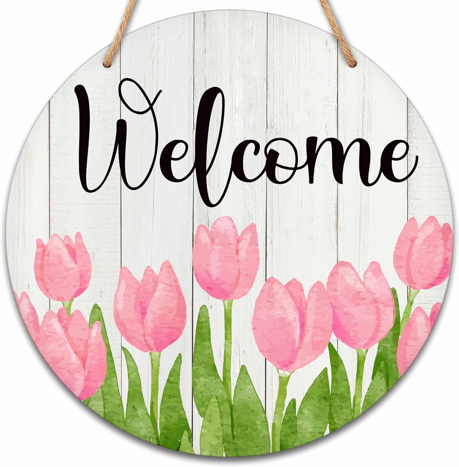Welcome Sign for Front Door, Spring Round Hanging Sign With Rope ...