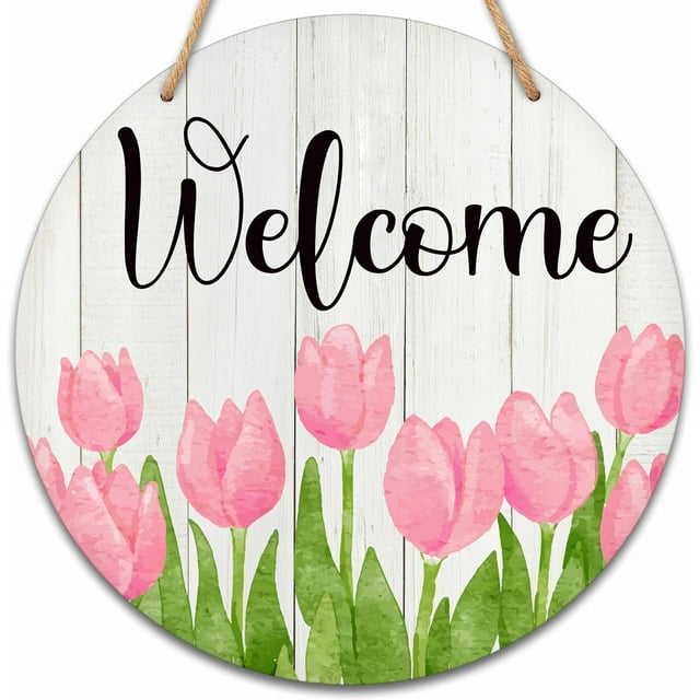 Welcome Sign for Front Door, Spring Round Hanging Sign With Rope ...