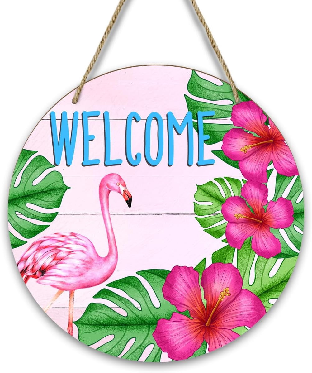 Welcome Sign for Front Door Wall, Summer Flamingo Door Decor Sign ...