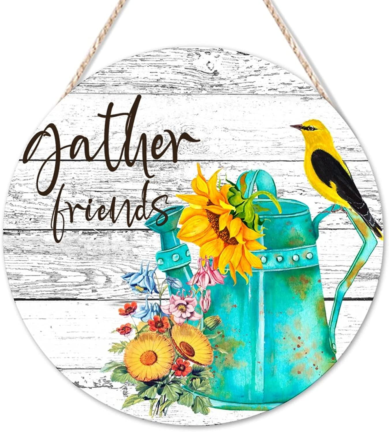 Welcome Sign Gather Friends Round Wooden Signs Retro Spring Sunflower ...
