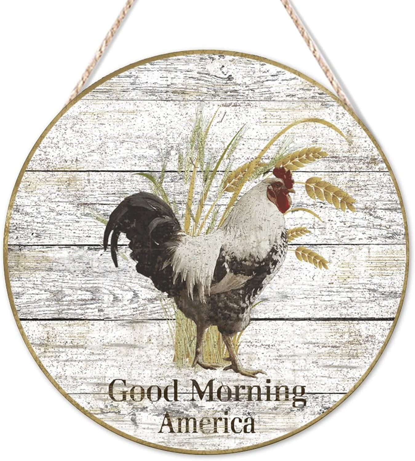 Welcome Sign Good Morning America Round Wood Signs Retro Farm Rooster ...
