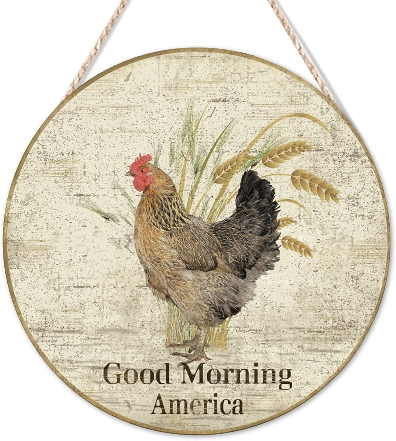 Welcome Sign Good Morning America Round Wood Signs Vintage Farm Chicken ...