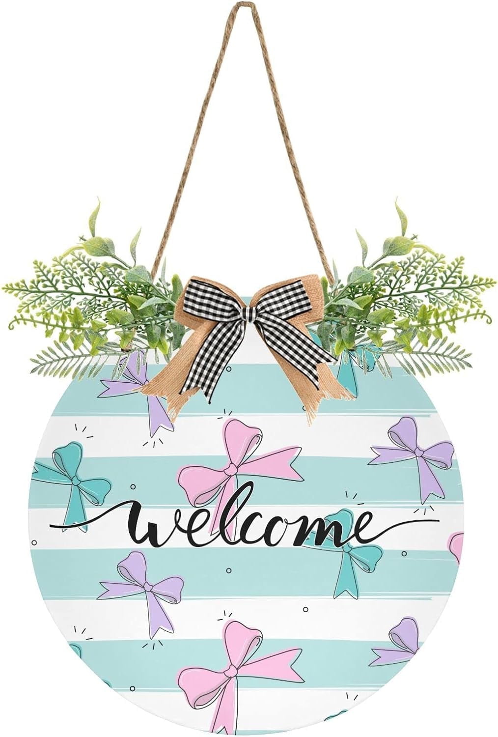Welcome Sign Hanging Plaque Sign Bow Stripes Porch Wall Front Door ...