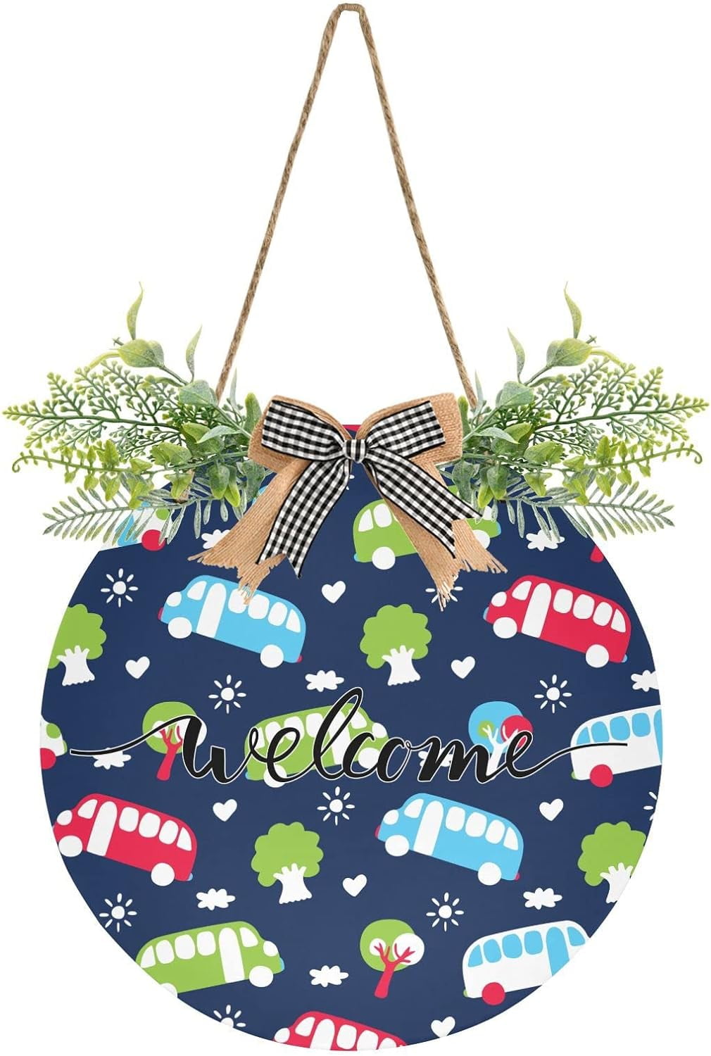 Welcome Sign Hanging Plaque Sign Bus Pattern Porch Wall Front Door ...