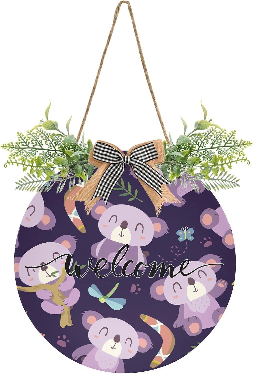 Welcome Sign Hanging Plaque Sign Cartoon Koala Purple Porch Wall Front ...
