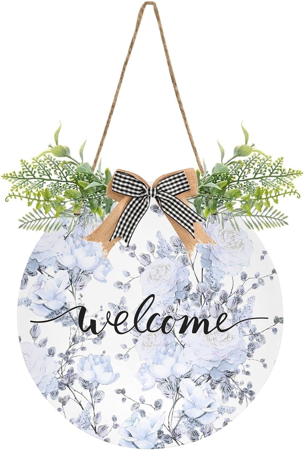 Welcome Sign Hanging Plaque Sign Light Blue Flowers Porch Wall Front ...
