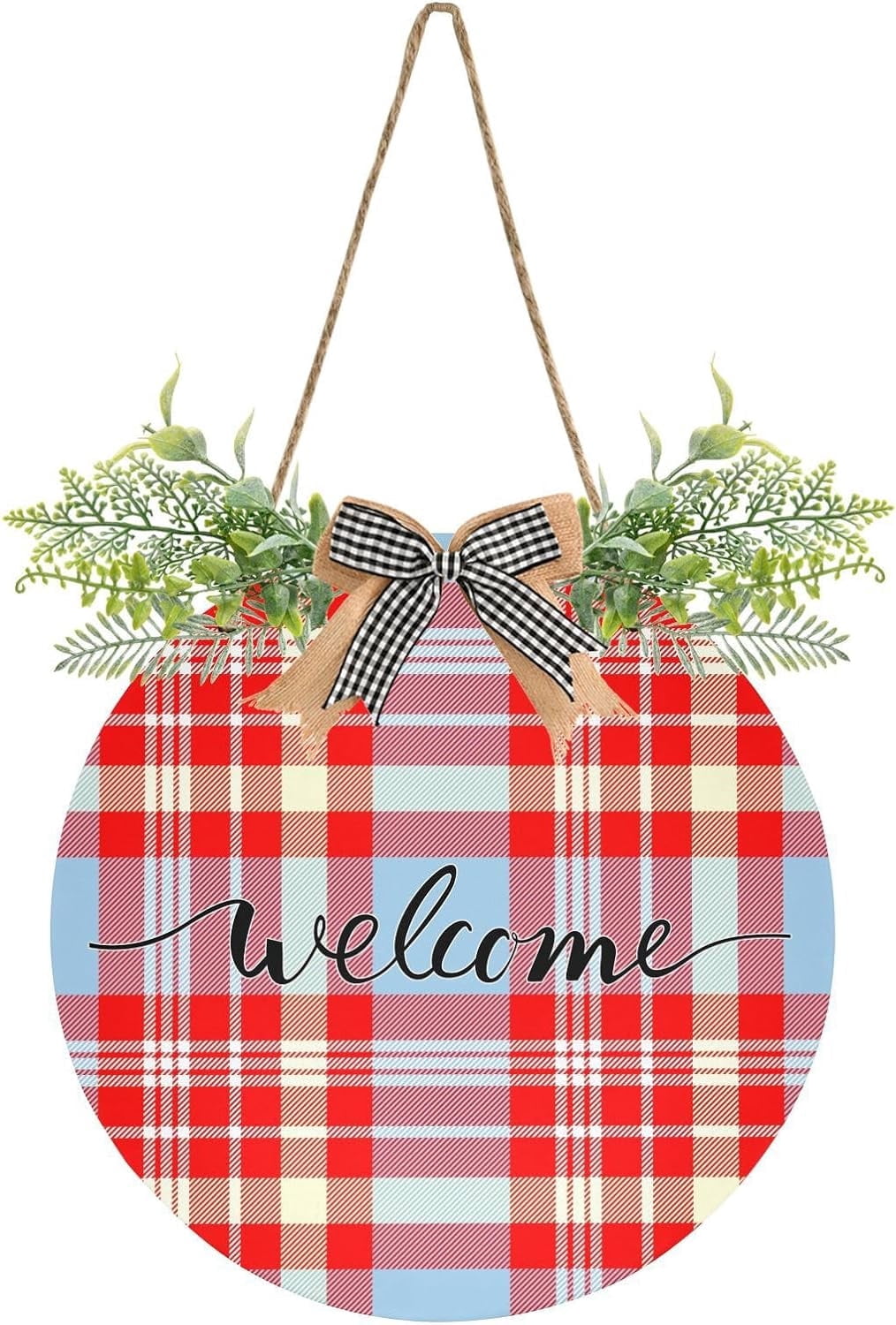 Welcome Sign Hanging Plaque Sign Red Plaid Porch Wall Front Door Garden ...