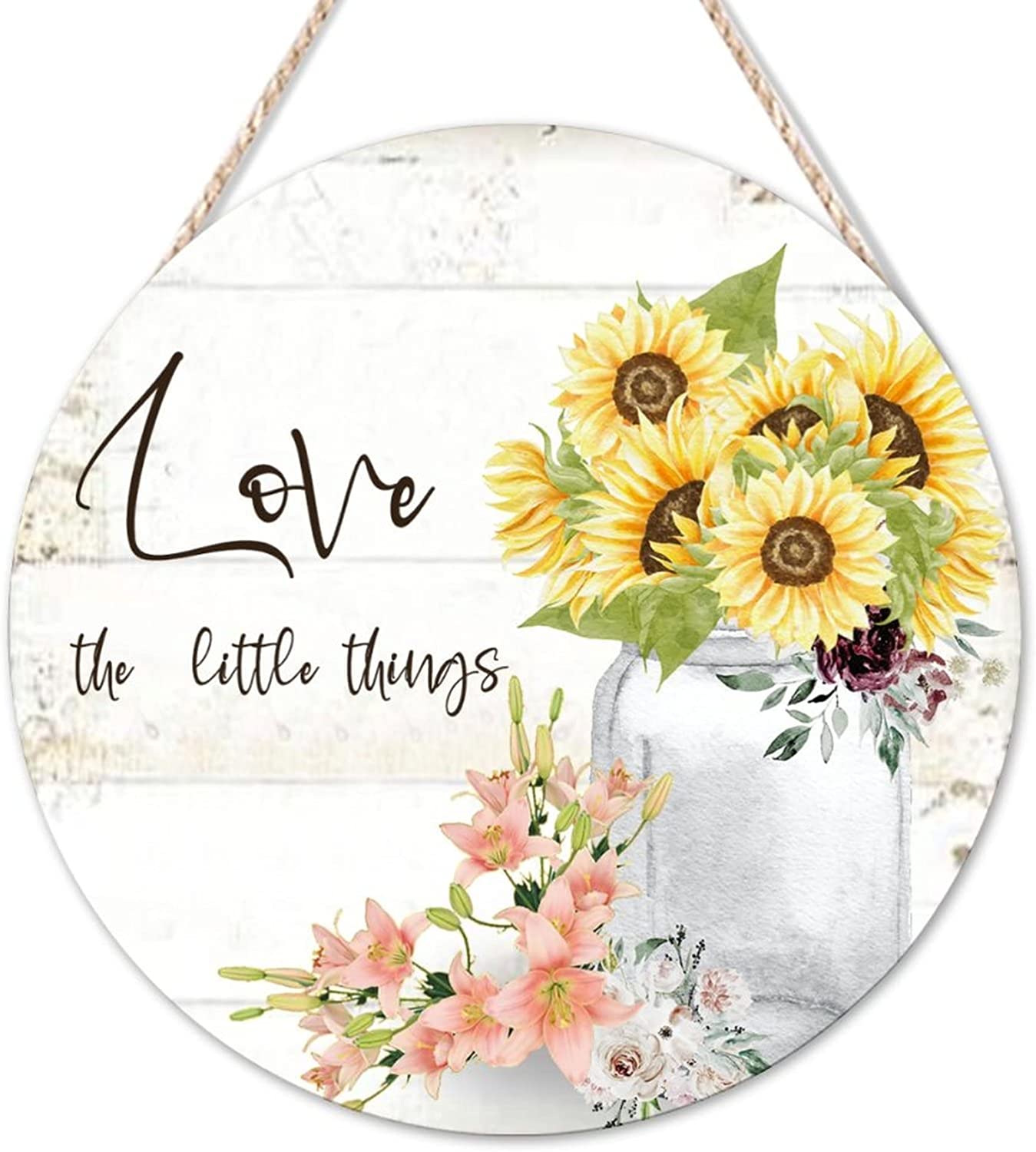 Welcome Sign Love The Little Things Round Wooden Signs Spring Sunflower ...