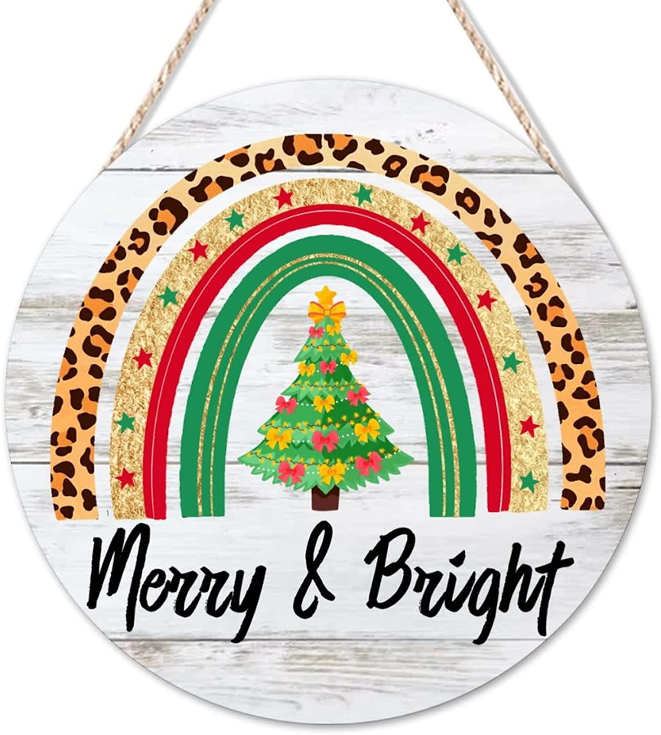 Welcome Sign Merry and Bright Round Wood Sign Christmas Tree Leopard ...