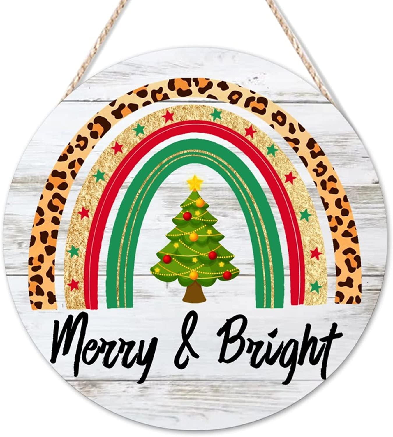 Welcome Sign Merry and Bright Round Wooden Signs Christmas Tree Leopard ...