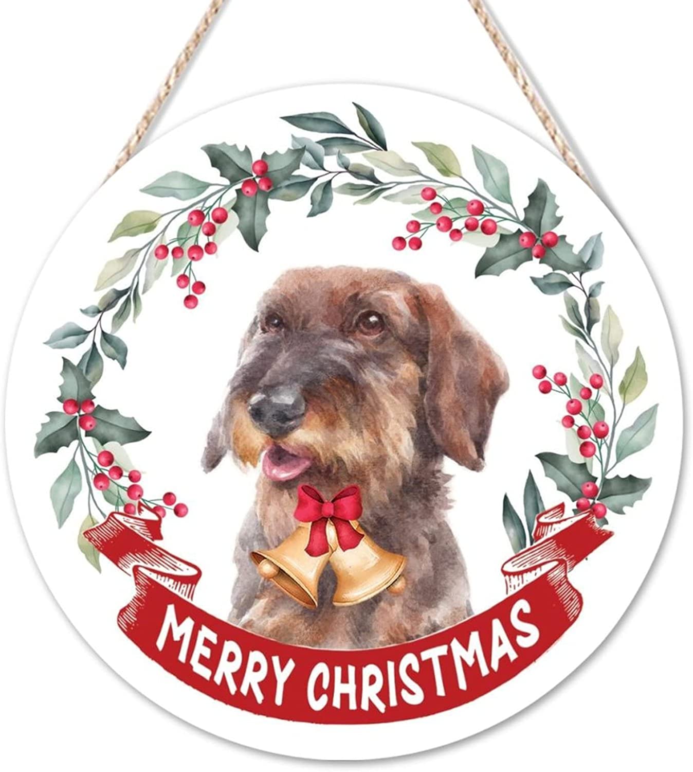 Welcome Sign Merry Christmas Bull Boxer Dog Wreath Round Wood Signs ...