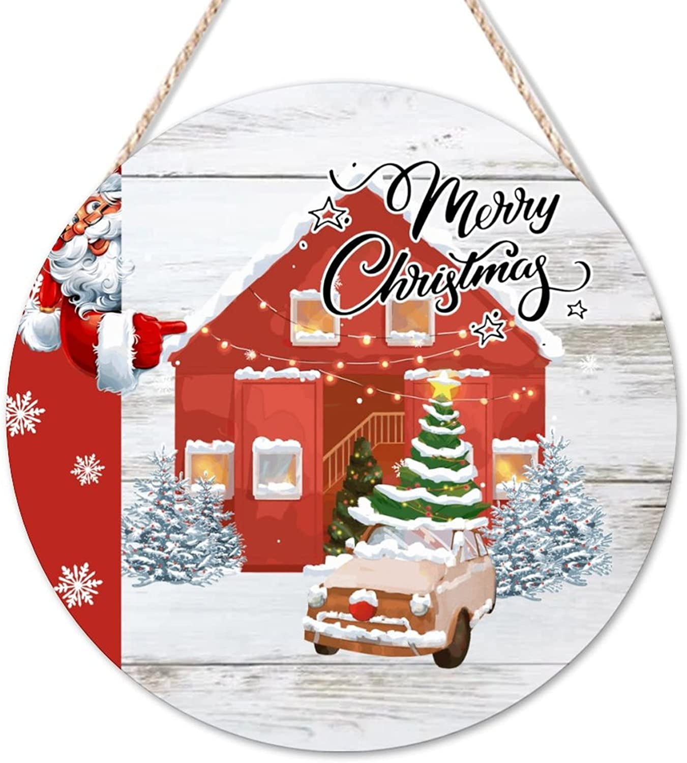 Welcome Sign Merry Christmas Farmhouse Round Wood Signs Santa Claus ...