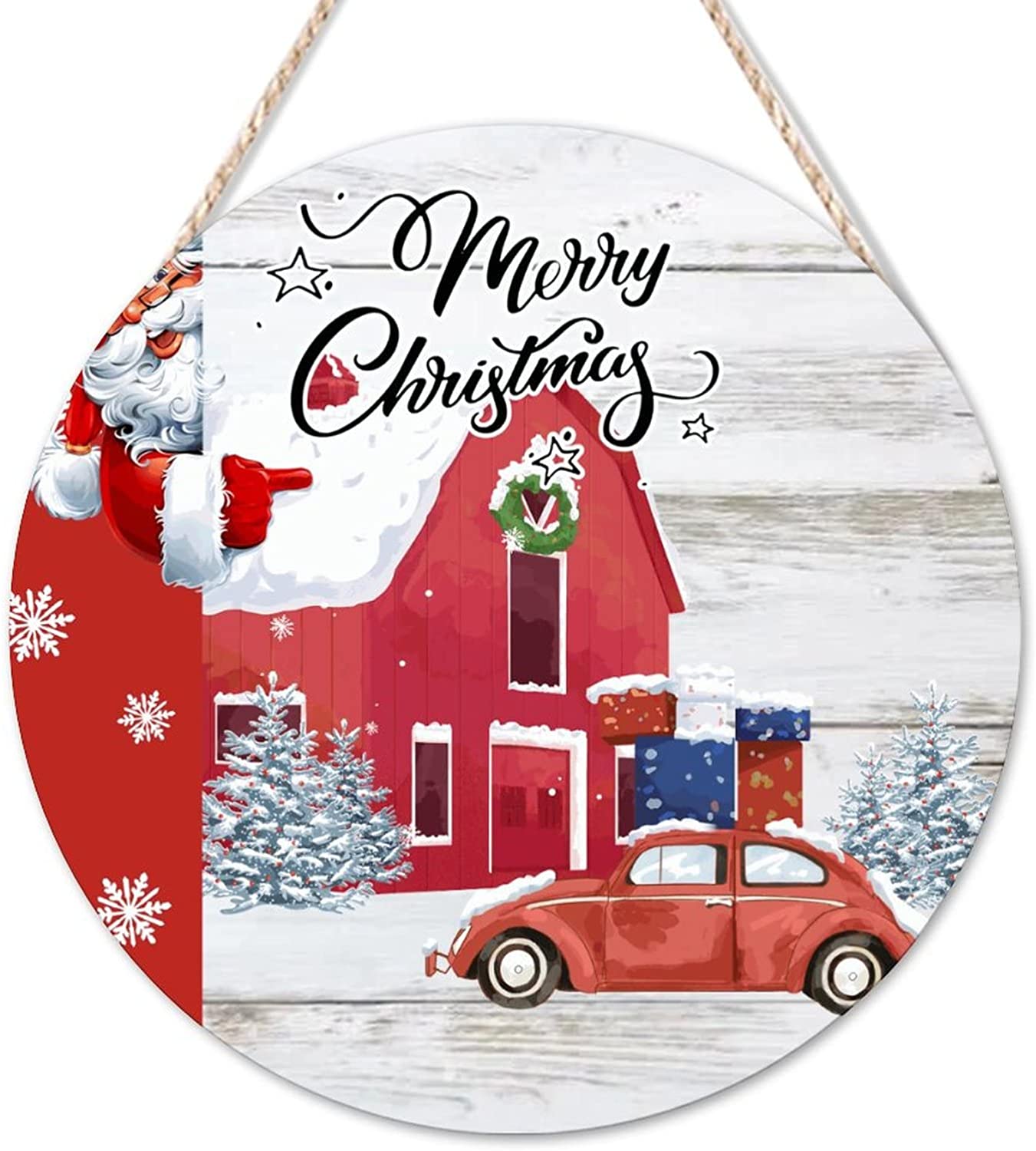 Welcome Sign Merry Christmas Farmhouse Round Wooden Signs Santa Claus ...