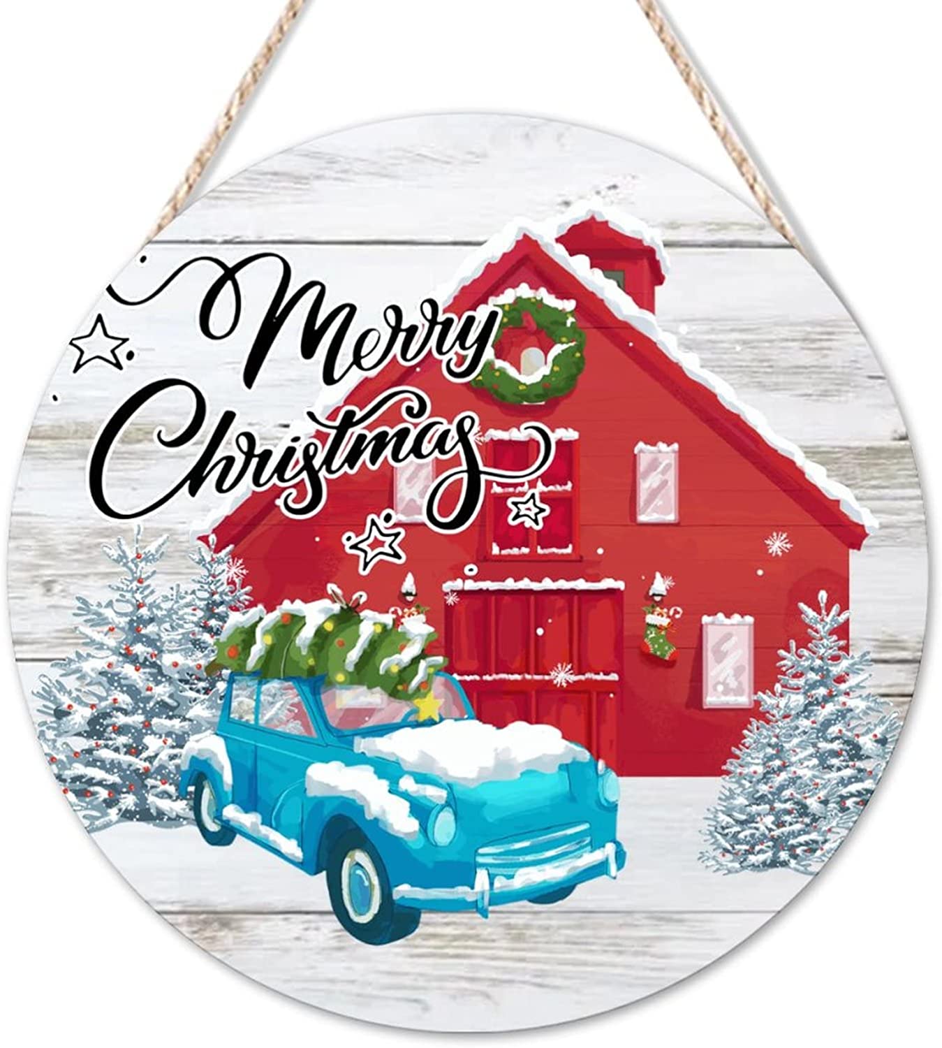 Welcome Sign Merry Christmas Farmhouse Round Wooden Signs Winter Tree ...