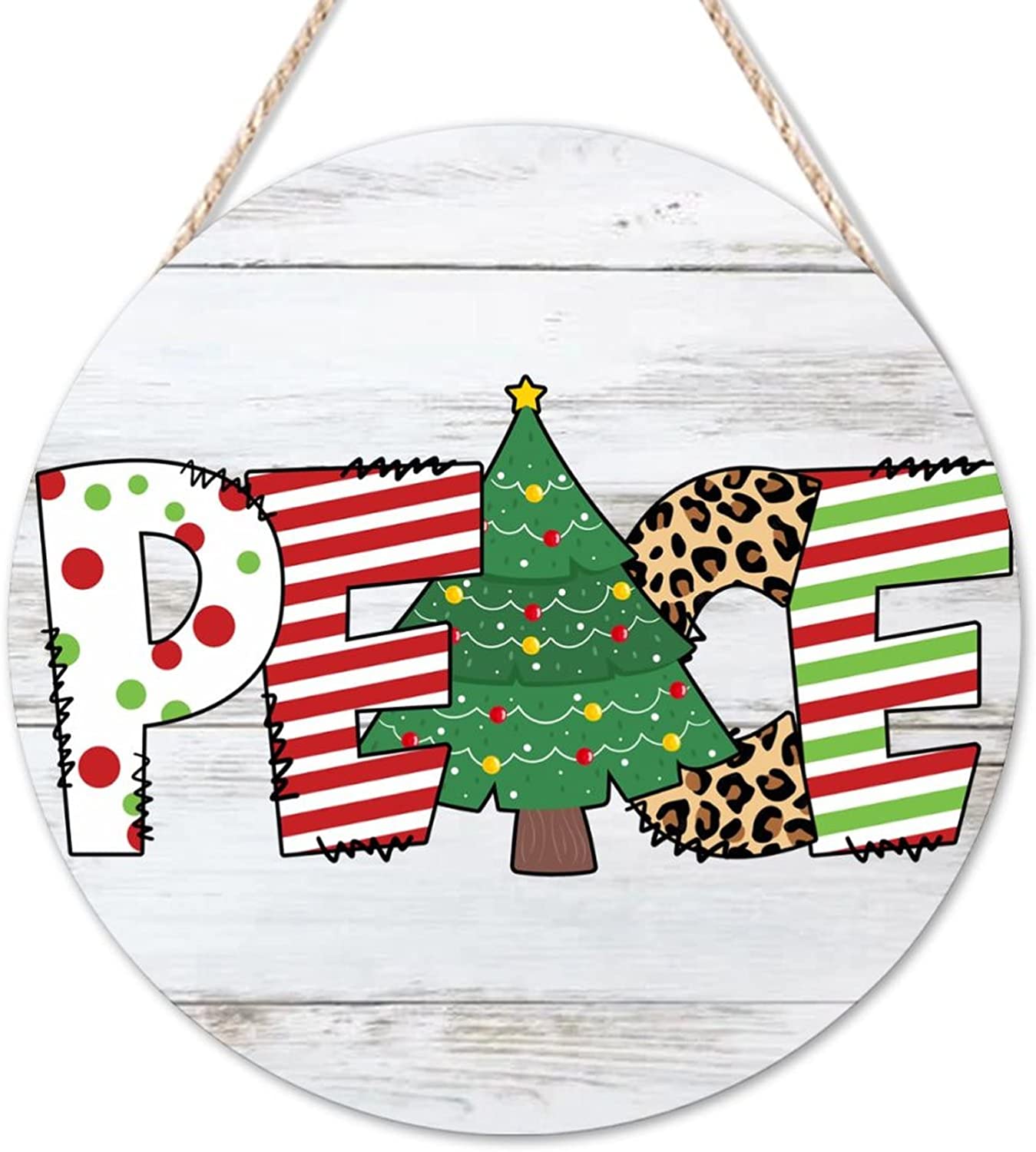 Welcome Sign Merry Christmas Round Wood Sign Candy Cane Leopard Peace ...