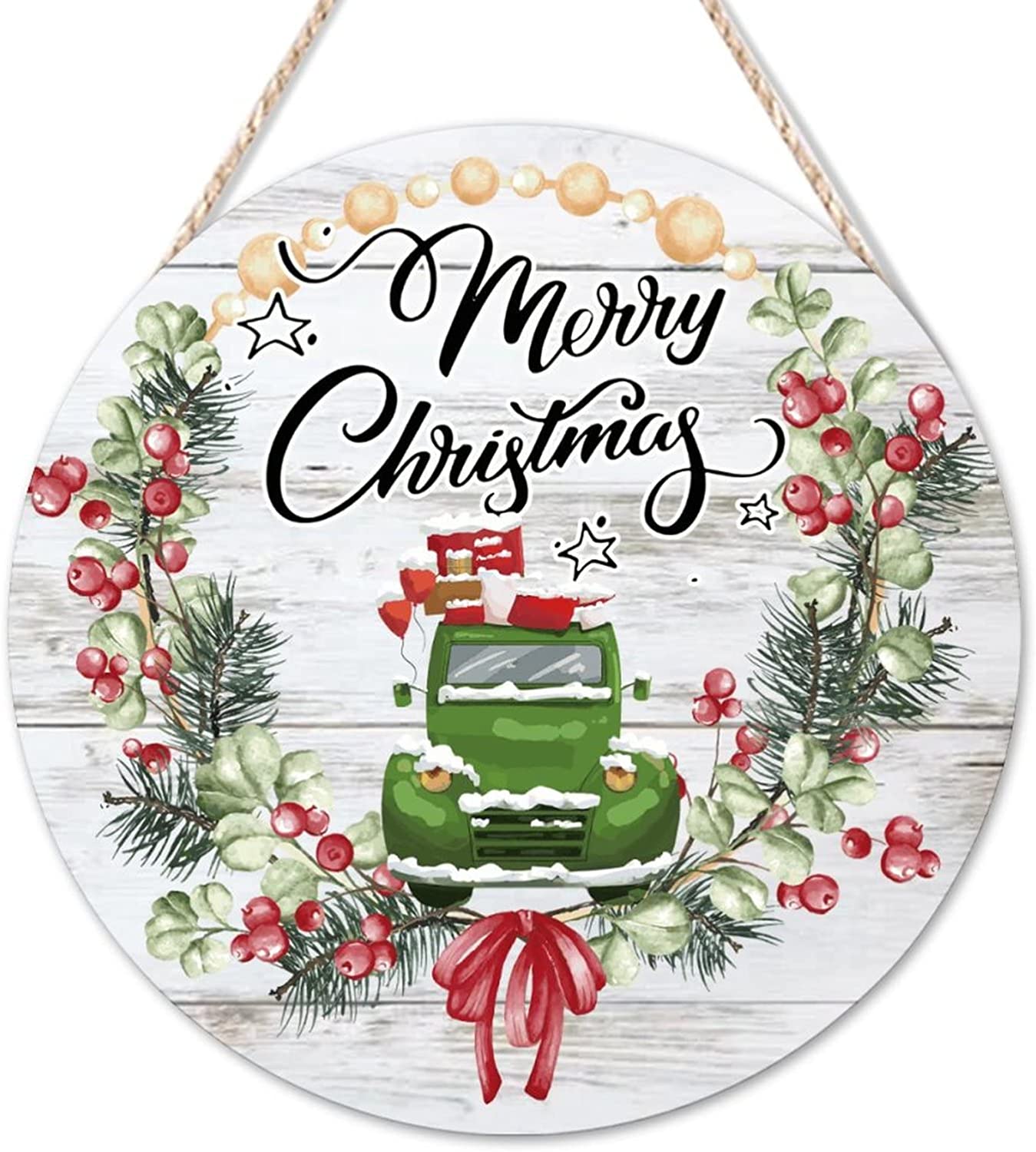 Welcome Sign Merry Christmas Round Wood Sign Mistletoe Wreath Green ...
