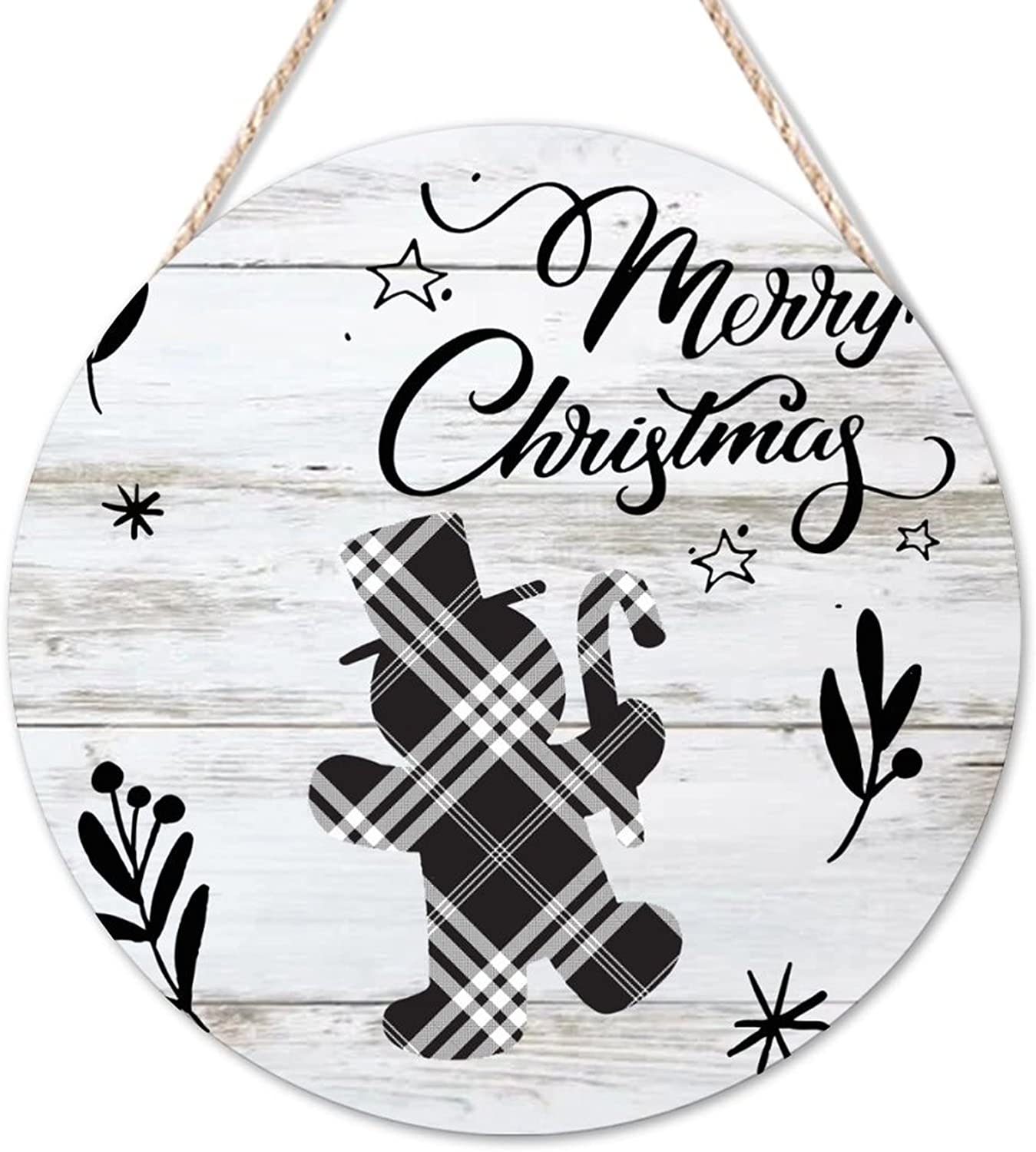 Welcome Sign Merry Christmas Round Wooden Signs Winter Buffalo Plaid ...
