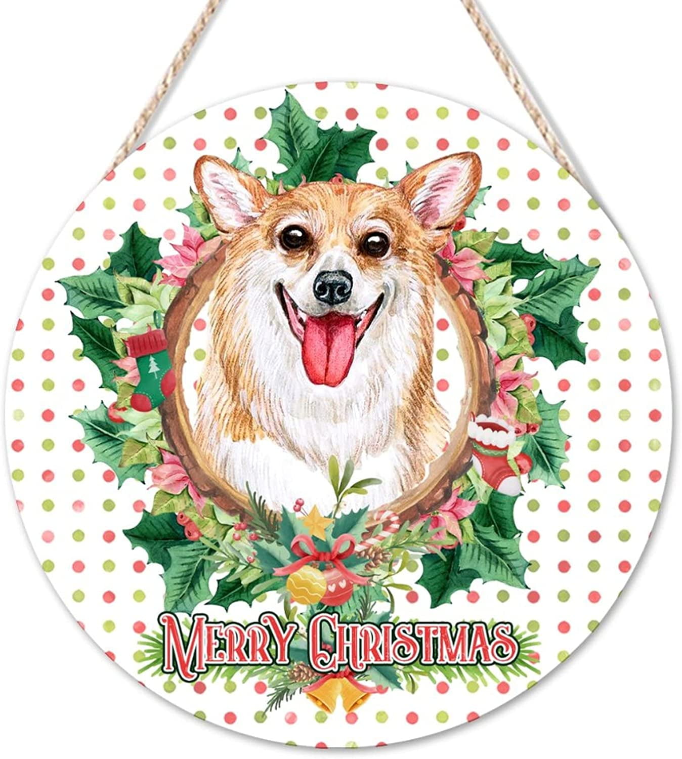 Welcome Sign Merry Christmas Wreath Beabull Dog Round Wood Signs Santa ...