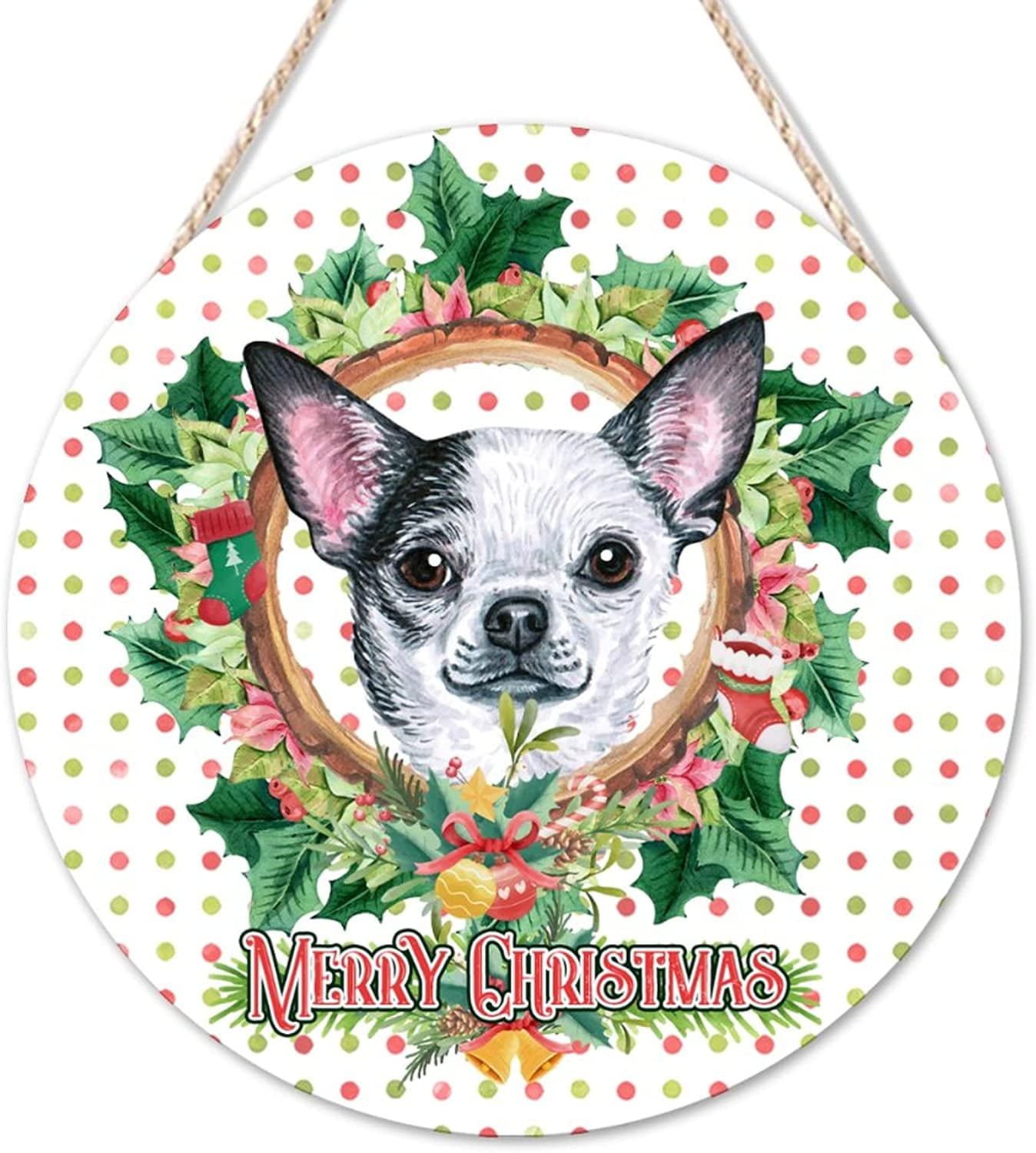 Welcome Sign Merry Christmas Wreath Pomeranian Dog Round Wood Signs ...