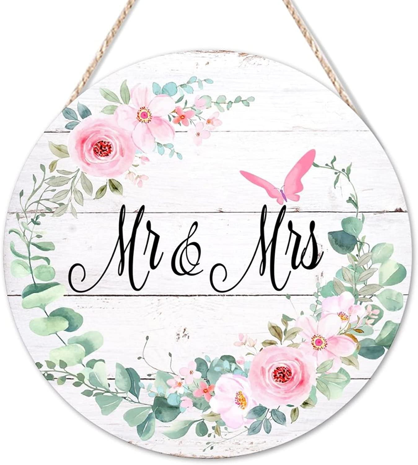 Welcome Sign Mr & Mrs Pink Butterfly Round Wooden Sign Spring Rose ...