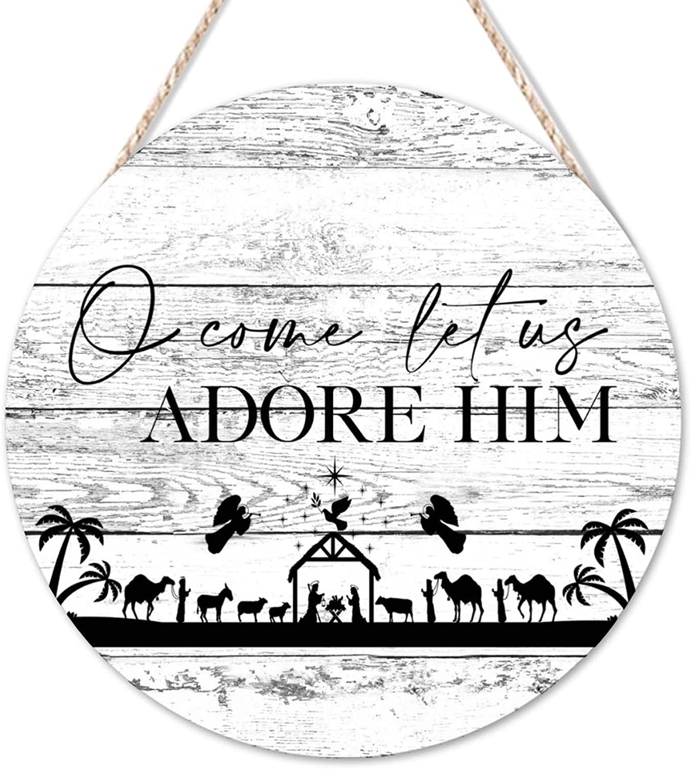 Welcome Sign O Come Let Us Adore Him Round Wooden Signs Wall Sign ...